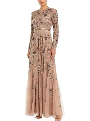 Mac Duggal Long Sleeve Floral Embellished Mesh A-line Gown - Mocha