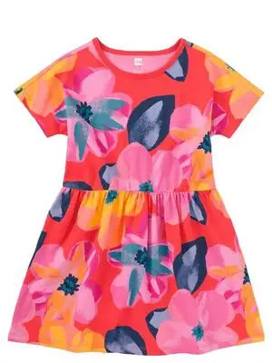 TEA COLLECTION Printed Short Sleeve Twirl Dress - Large Tropical Floral