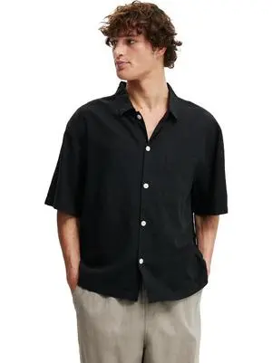 COTTON ON Eli Linen Blend Short Sleeve Shirt - Textured Black