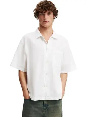 COTTON ON Eli Linen Blend Short Sleeve Shirt - Textured White