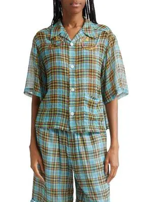 UNDERCOVERISM Metallic Stripe Plaid Silk Blend Camp Shirt - Blue Check