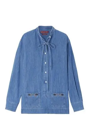 Gucci Tie-neck Horsebit-embellished Denim Shirt - Blue