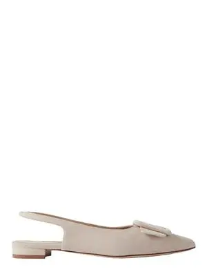 Manolo Blahnik Maylura Buckled Suede Slingback Flats - Neutrals