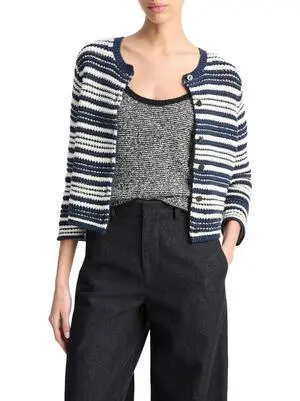 Vince Textured Stripe Cotton Blend Cardigan - Navy/off White