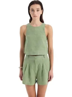 MONLICIA Lena 100% Linen Sleeveless Crop Top - Green