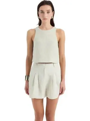 MONLICIA Reve 100% Linen High-waist Pleated Relaxed Fit Shorts - Stone