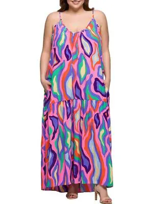 24SEVEN COMFORT APPAREL Printed Jersey Maxi Dress - Purple Multi