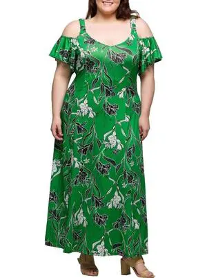 24SEVEN COMFORT APPAREL Printed Cold Shoulder Jersey Maxi Dress - Green Multi