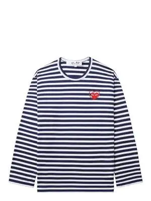 Play Comme Des Garcon Metalstone Heart Striped Long Sleeve Tee Shirt - Navy Blue