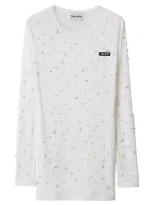 Miu Miu Embroidered Ribbed Knit Jersey Dress - White