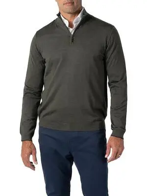 Robert Talbott Eastwood Quarter Zip Sweater - Olive Green With Navy Tipping