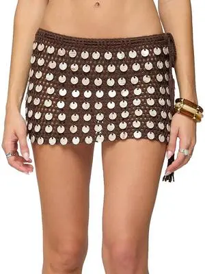 EDIKTED Alora Iridescent Crochet Mini Skirt - Brown