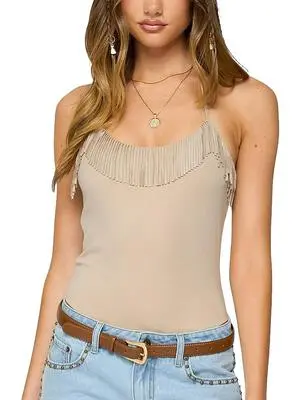 EDIKTED Faux Suede Fringe Trim Bodysuit - Beige