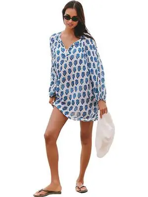 Maeve Long-Sleeve Tie-Neck Mini Kaftan Blue Block Print
