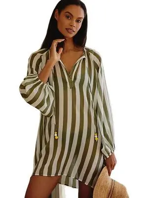 Maeve Long-Sleeve Tie-Neck Mini Kaftan Olive Stripe