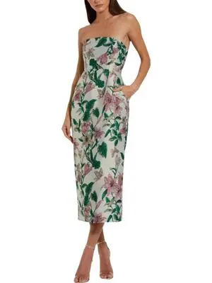 Mac Duggal Floral Brocade Strapless Fitted Midi Dress - Lily