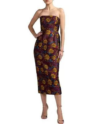 Mac Duggal Floral Brocade Strapless Fitted Midi Dress - Plum Multi
