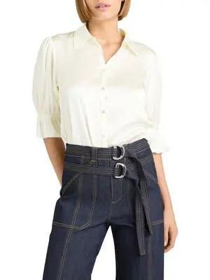 CINQ À SEPT Fiona Ruffle Cuff Silk Button-Up Shirt