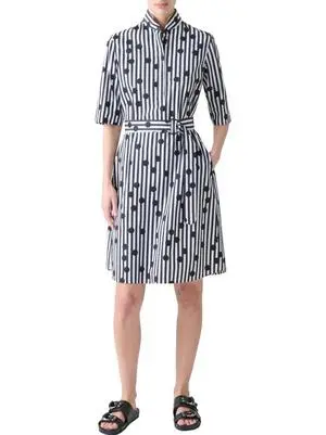 Akris Polka Dot Stripe Belted Shirt Dress - Cream-black