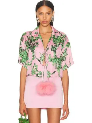 Blumarine Short Sleeve Blouse With Feather Pom-pom Accent - Wild Rose & Kiwi