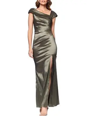 XSCAPE EVENINGS Asymmetric Neck Ruched Taffeta Gown - Olive