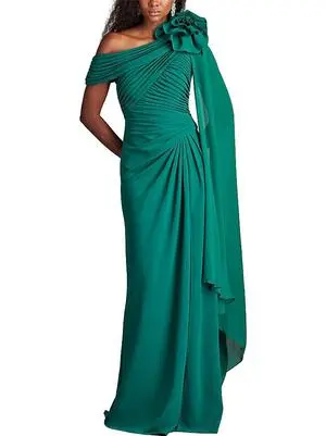 Tadashi Shoji Kamari Draped Rosette Shoulder Gown - Green
