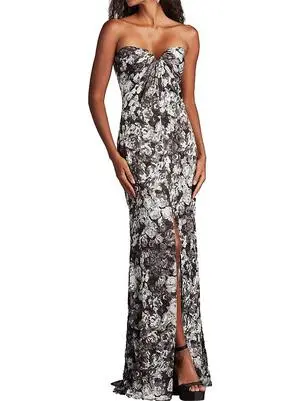 Tadashi Shoji Carnie Strapless Floral Print Gown - Ivory