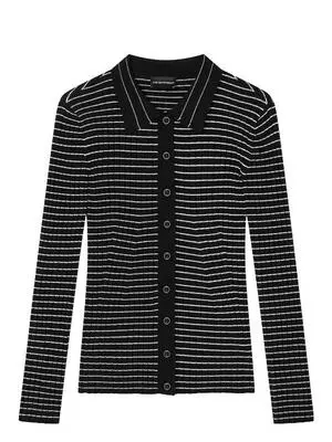 Emporio Armani Ribbed Cardigan With Striped Motif - Black