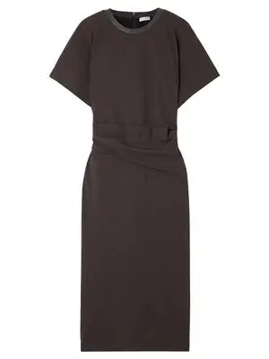 Brunello Cucinelli Embellished Virgin Wool-blend Midi Dress - Brown
