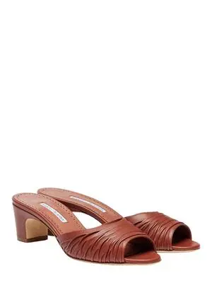 Manolo Blahnik Piruabar Gathered Leather Mules - Brown