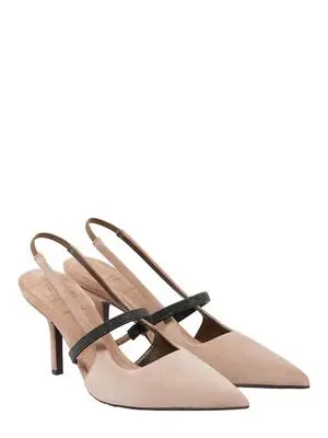 Brunello Cucinelli Monili Suede Slingback Pumps - Neutrals