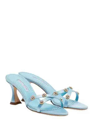Manolo Blahnik Pyrenea Embellished Satin Mules - Blue