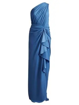 Tadashi Shoji One-Shoulder Shirred Ruffle Gown Cadet Blue