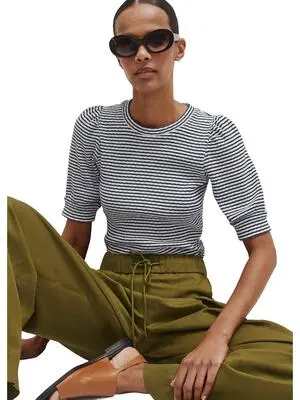ME+EM Striped Pouf Sleeve Tee - Navy/soft White