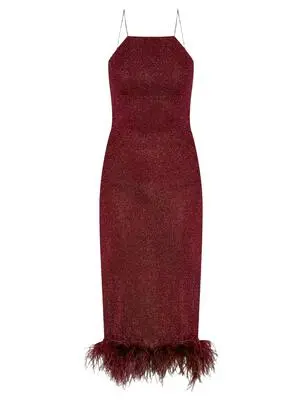 Oseree Feather-trimmed Sparkle Midi Dress - Red