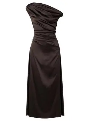 Staud Phare Draped Silk-Blend Midi Dress Brown