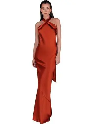 REWRITTEN Roma Halter Neck Maxi Dress With Tie Detail Burnt Orange