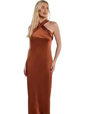 REWRITTEN Roma Halter Neck Maxi Dress With Tie Detail Cinnamon