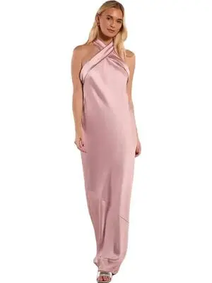 REWRITTEN Roma Halter Neck Maxi Dress With Tie Detail - Rose Pink