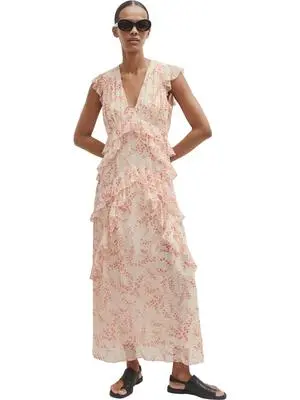 ME+EM Silk Lily Of The Valley Print Maxi Dress With Bandeau - Vanilla/red/multi