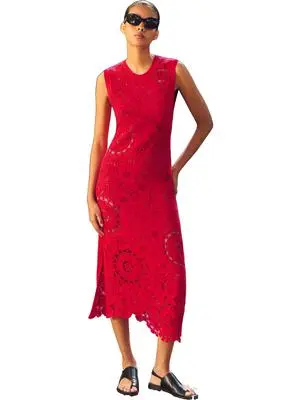 ME+EM Asymmetric Cotton Crochet Maxi Dress With Slip - Lipstick Red