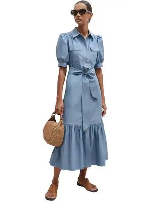 ME+EM Chambray Midi Shirt Dress With Belt - Chambray Blue