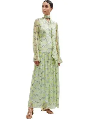 ME+EM Silk Tulip Print Maxi Dress With Tie - Yellow/green/multi