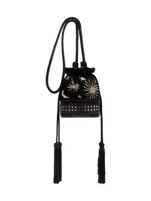 ISLA Embroidered Velvet Bucket Bag - Black