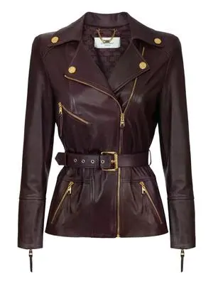 Elisabetta Franchi Belted Leather Biker Jacket - Red