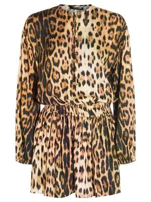 Roberto Cavalli Leopard-print Long-sleeve Dress - Neutrals