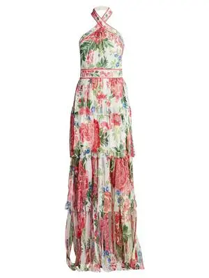 Tadashi Shoji Floral-print Halterneck Dress - White