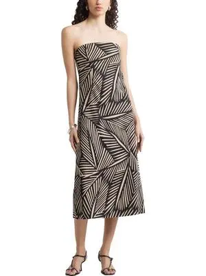 Nordstrom Strapless Linen-blend Midi Dress - Black- Beige Palmed