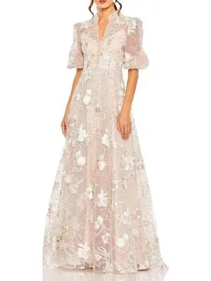 Mac Duggal Queen Anne Puff Sleeve A-line Gown - Blush