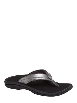 Olukai Ohana Flip Flop Pewter/ Black Faux Leather